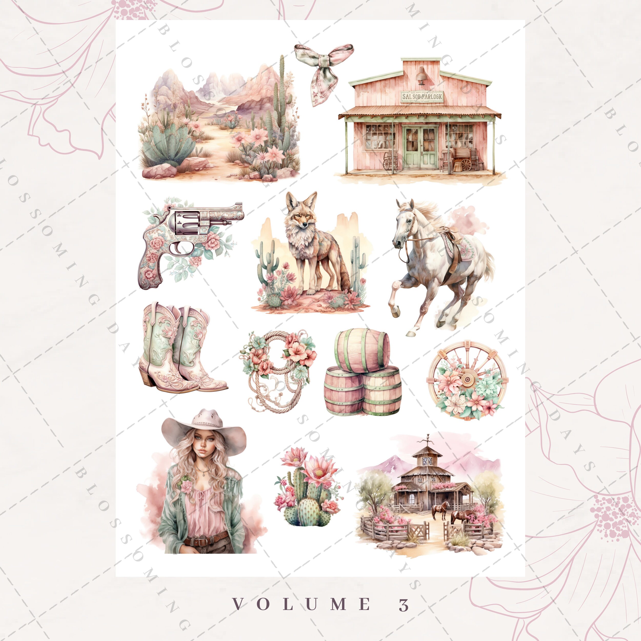 Watercolor Cowboy Cowgirl Theme, Horse, Barn, Cactus, Wild Wild West ...