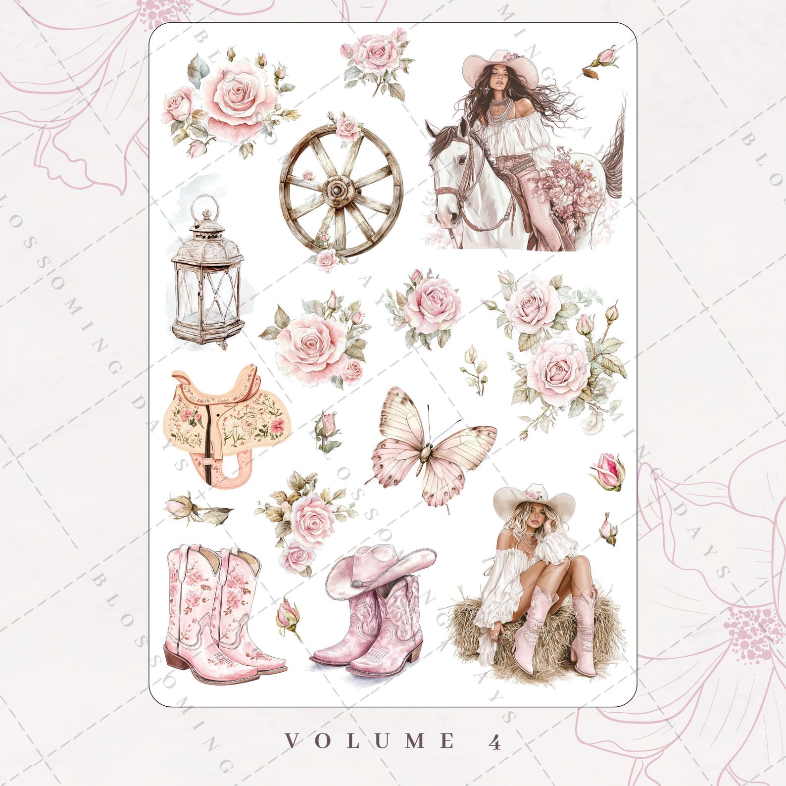 Boho Chic Cowboy Cowgirl Theme, Horse, Floral, Cactus, Rose Bloom ...