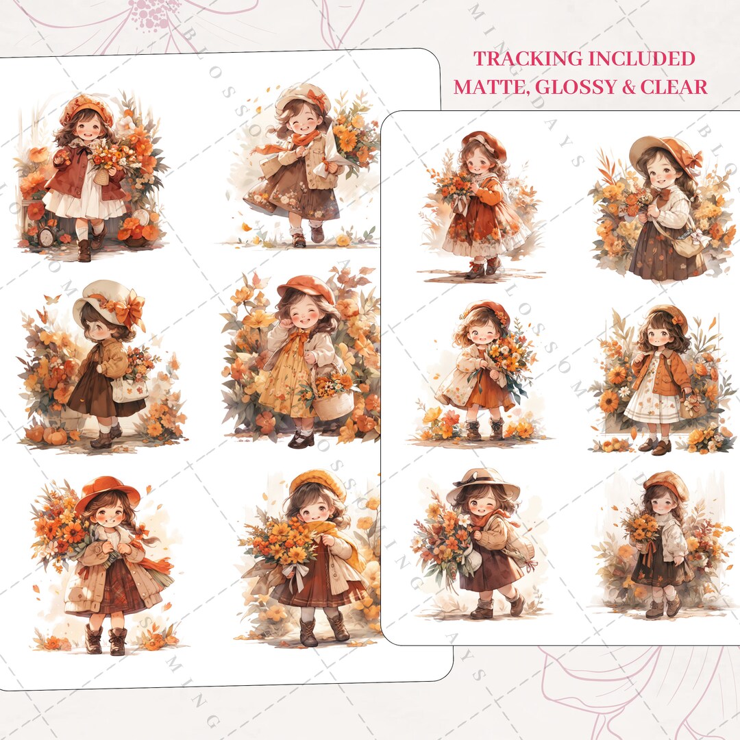 Kawaii Chibi Girl Walk in Autumn, Fall, Leaves, Dreamy, Cute Decorative ...