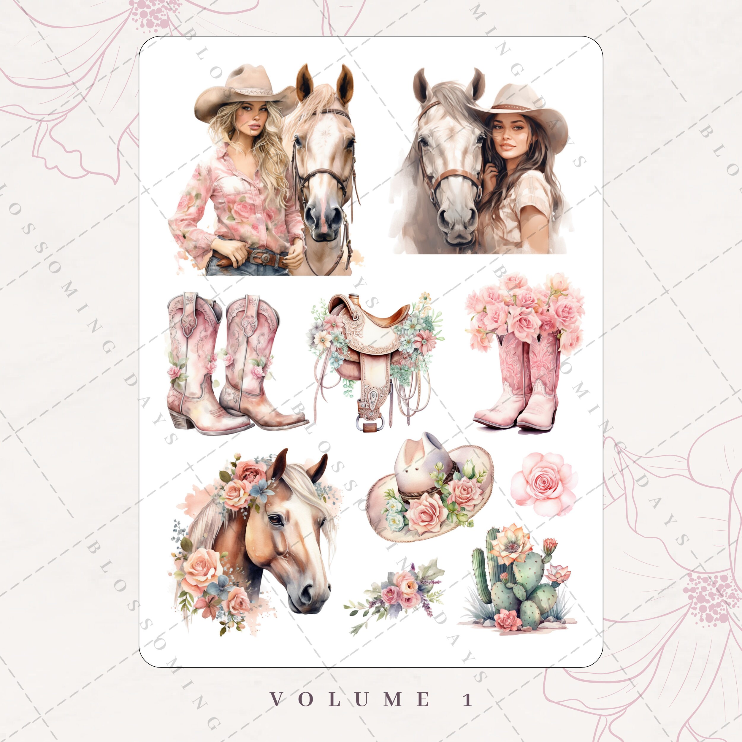 Shabby Chic Floral Cowboy Cowgirl Theme, Horse, Cactus, Fashion Boots ...