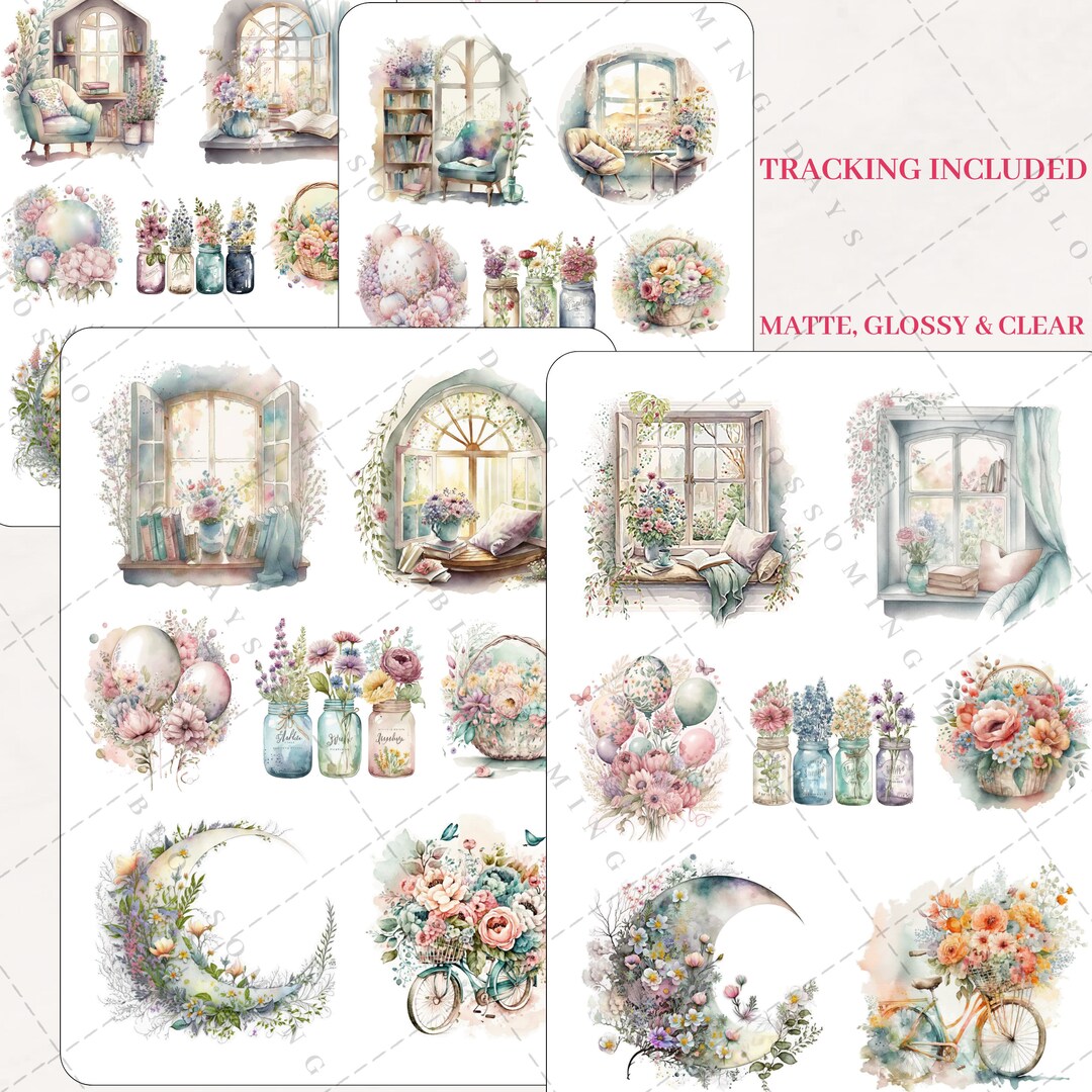 Watercolor Spring Floral Reading Nook, Bike, Decorative Deco Aesthetic ...