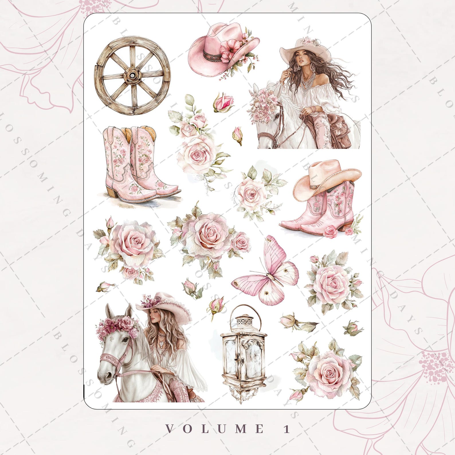 Boho Chic Cowboy Cowgirl Theme, Horse, Floral, Cactus, Rose Bloom ...