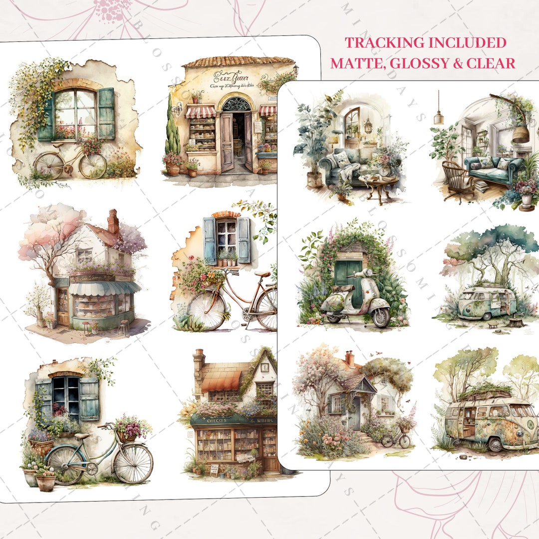 Cute Watercolor Serene Parisian Store Shop, House, Bike, Nature ...