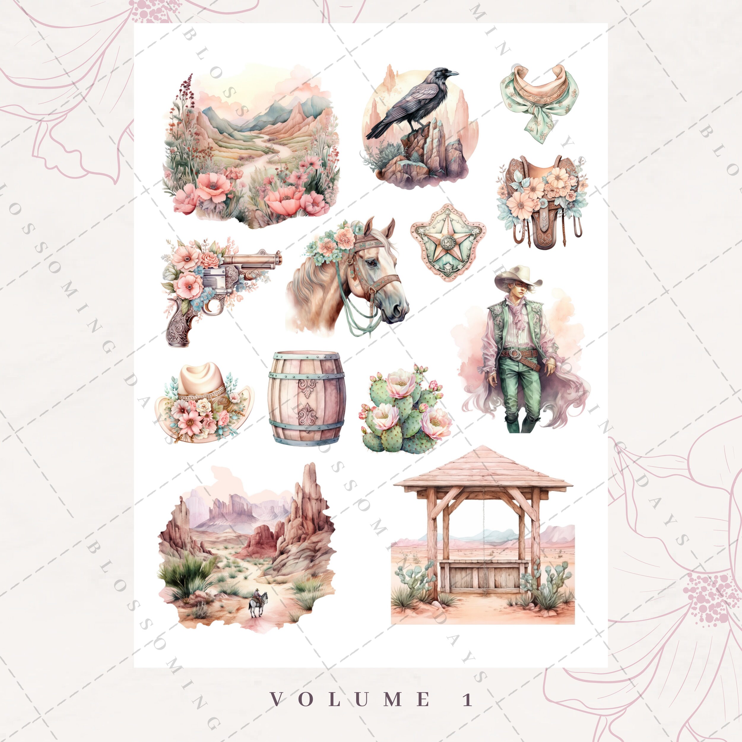 Watercolor Cowboy Cowgirl Theme, Horse, Barn, Cactus, Wild Wild West ...