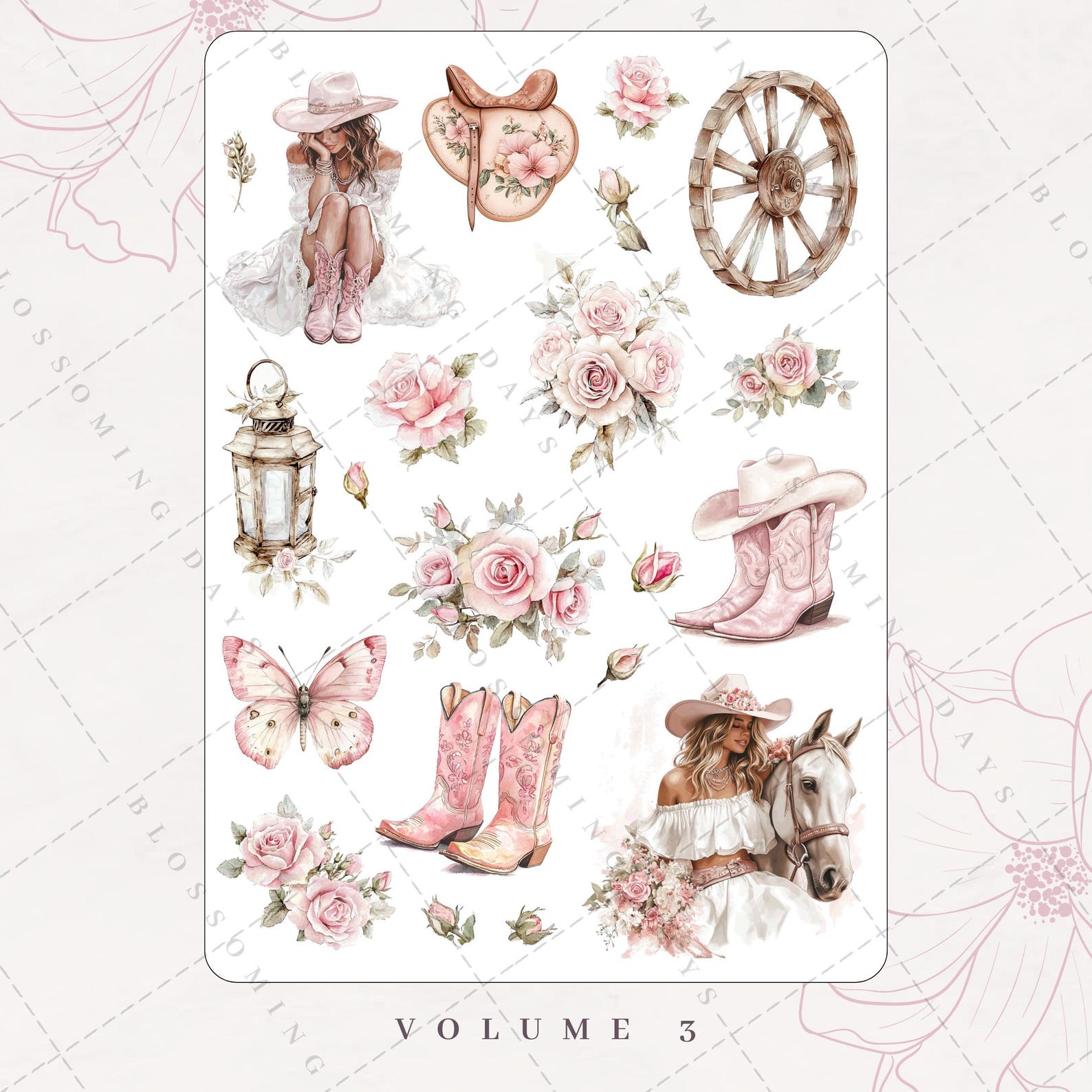 Boho Chic Cowboy Cowgirl Theme, Horse, Floral, Cactus, Rose Bloom ...