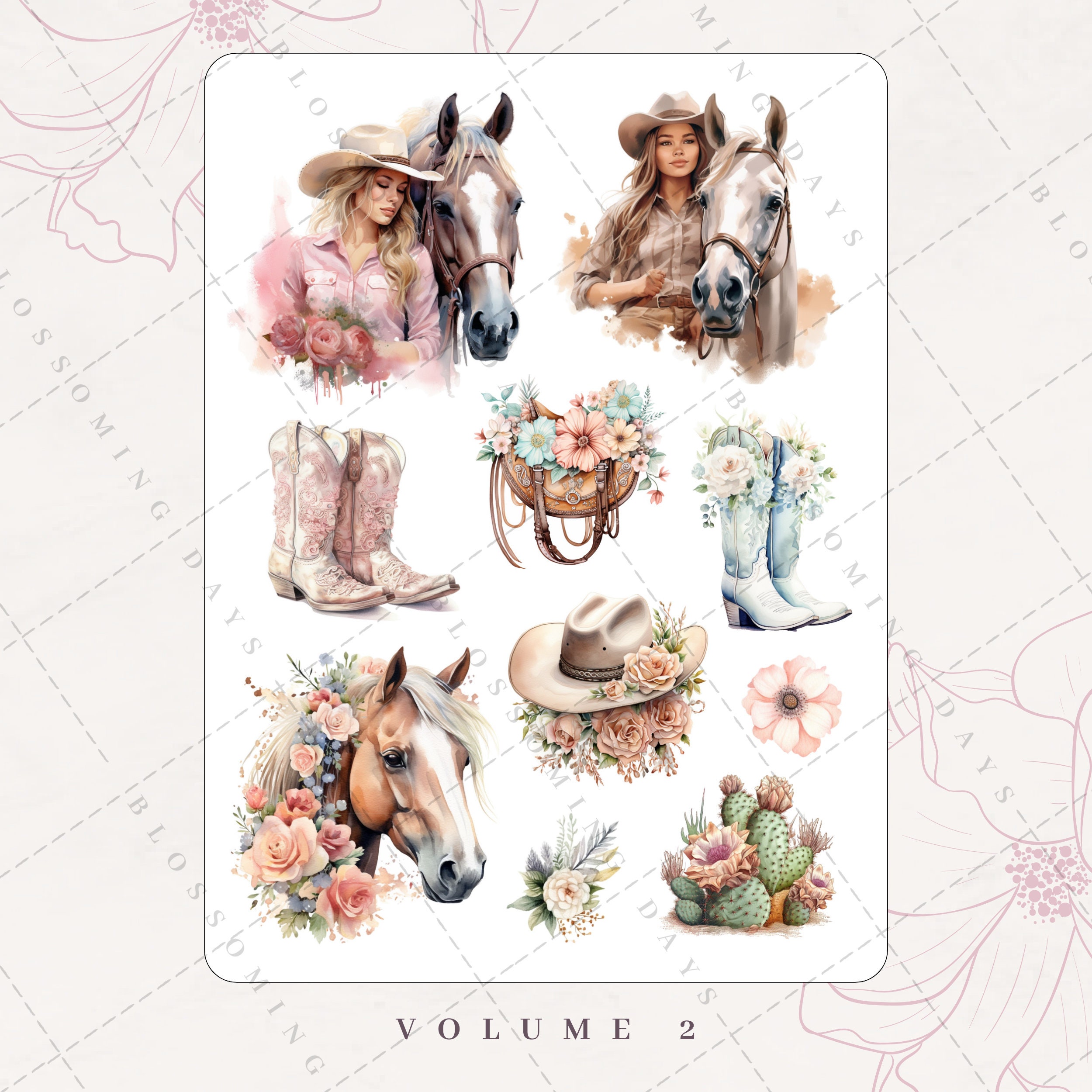 Shabby Chic Floral Cowboy Cowgirl Theme, Horse, Cactus, Fashion Boots ...