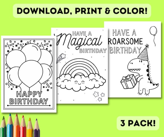 3 X PRINTABLE Color-in Birthday Cards Children's DIY 3 | Etsy