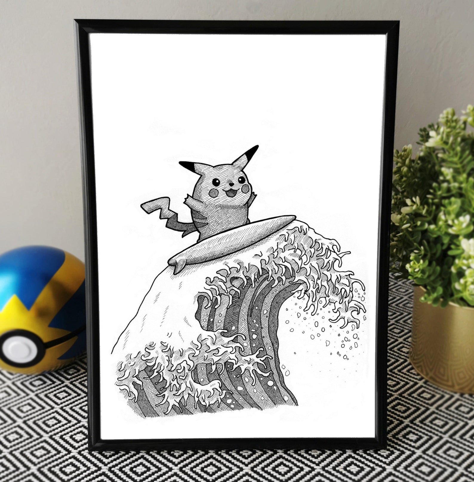 Surfing Pikachu Hokusai Wave Pokemon Art Print | Etsy