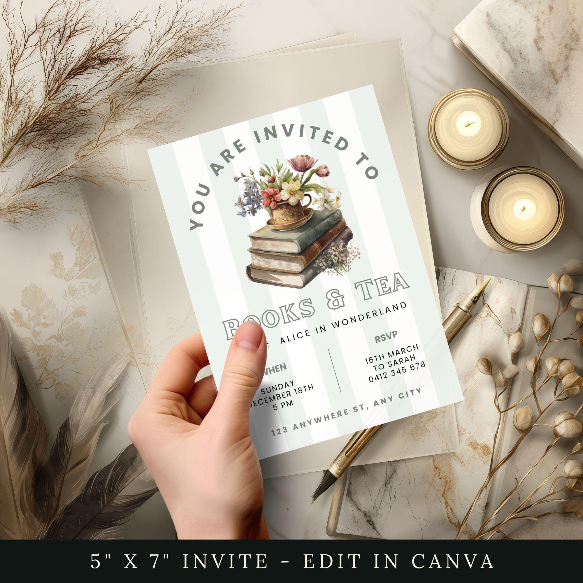 Book and Tea Invitation, CANVA TEMPLATE, Book Club Printable, Editable ...