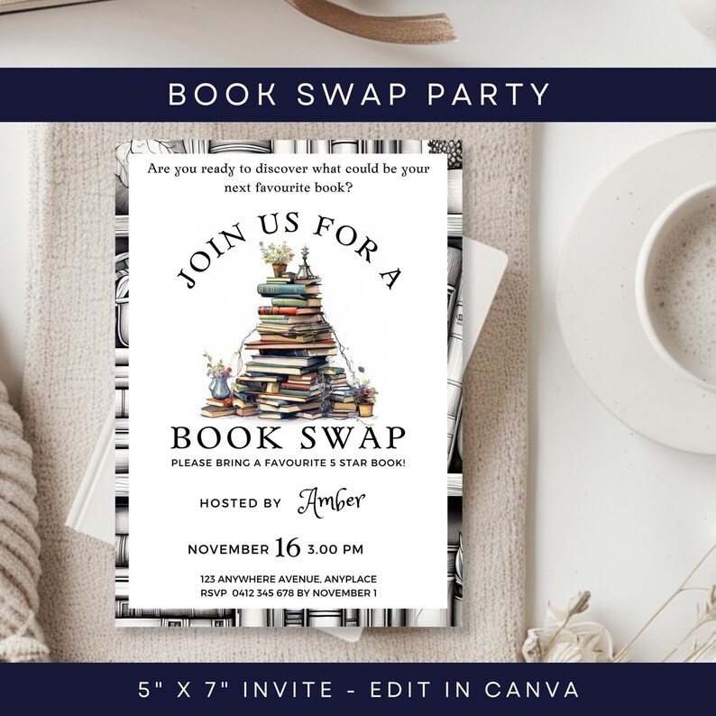 Book Swap Invitation, CANVA TEMPLATE, Book Club Themed Meeting ...