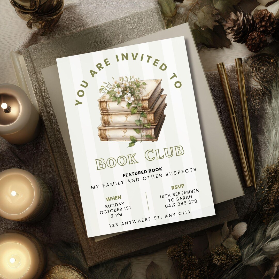 Book Club Invite Template, White Floral Books Party Digital Invite ...