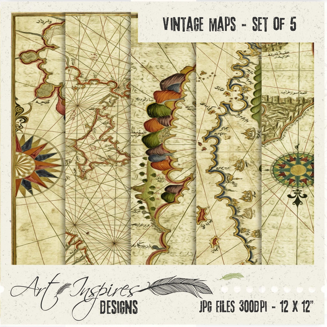 Vintage Maps Papers/overlays Set of 5, Scrapbooking, Covers, Book ...