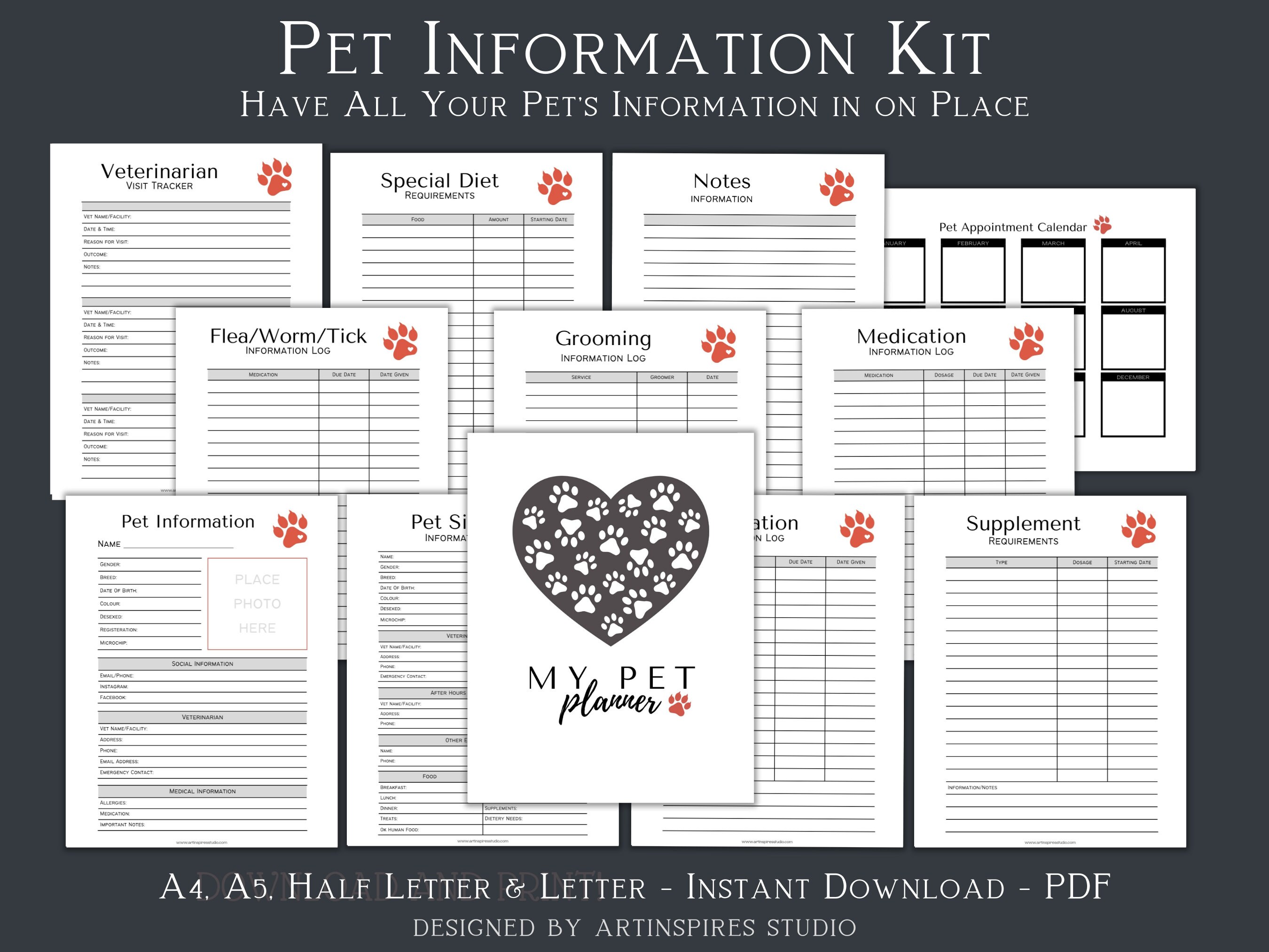Pet Planner, Printable Pet Organiser, Pet Care, Pet Sitter, Pet Notes ...