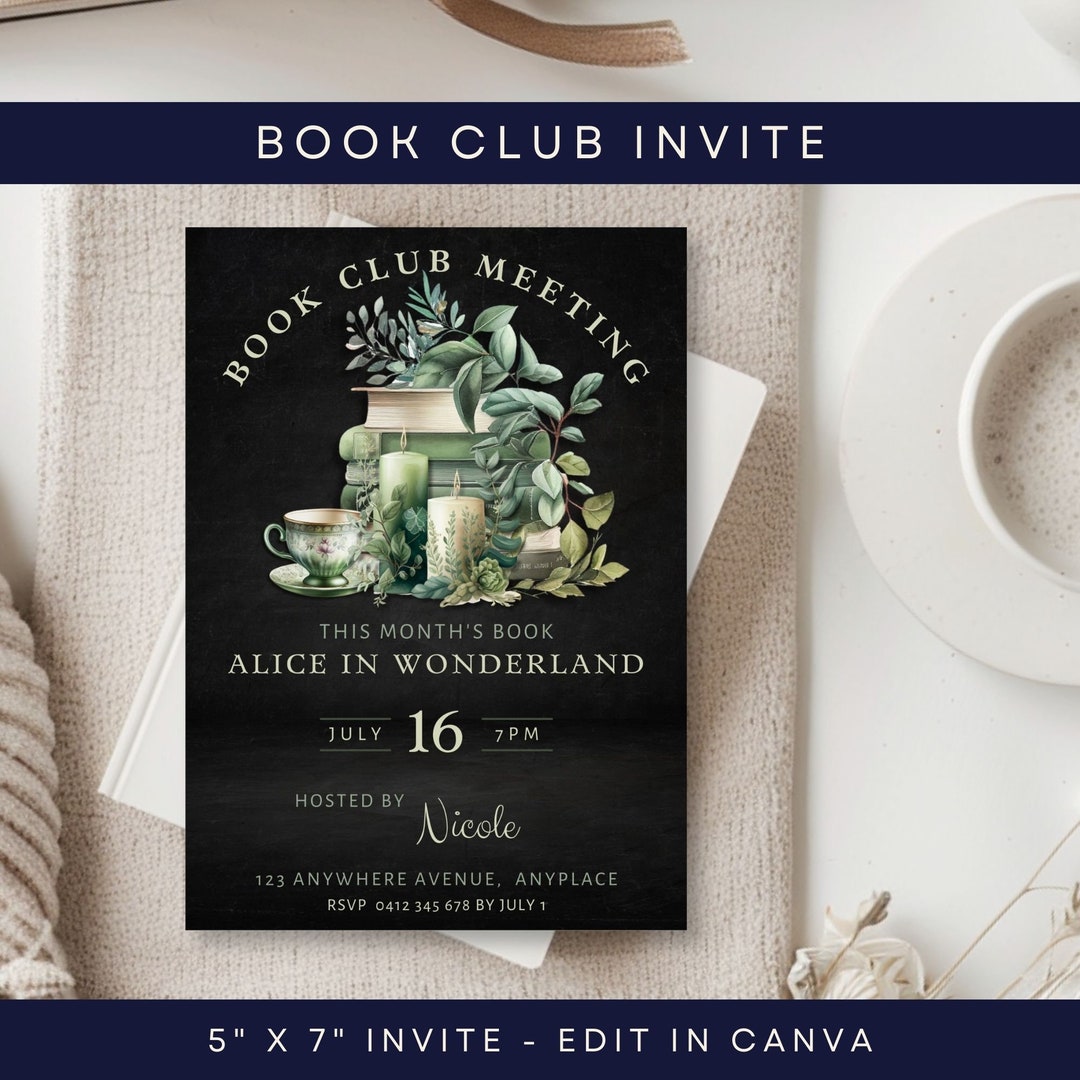Vintage Green Book Club Invite Template, CANVA, Editable Invite, Books ...