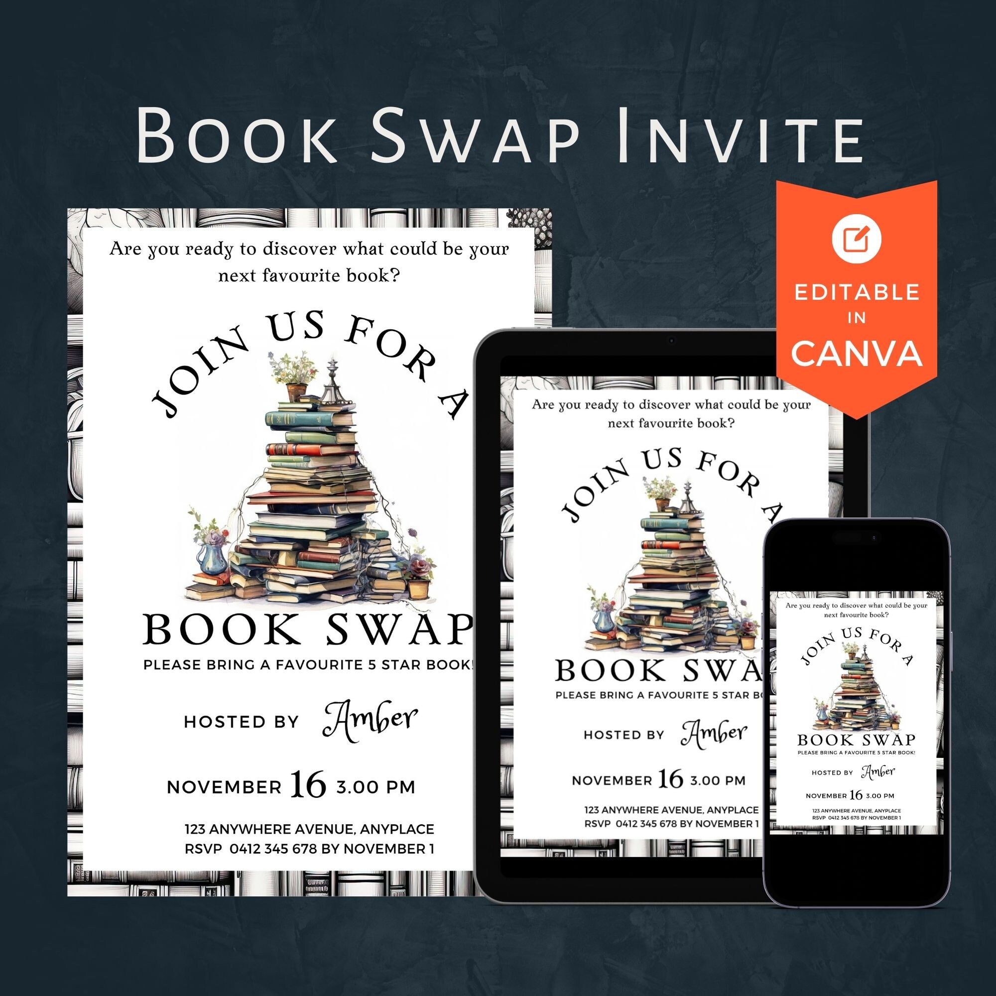 Book Swap Invitation, CANVA TEMPLATE, Book Club Themed Meeting ...