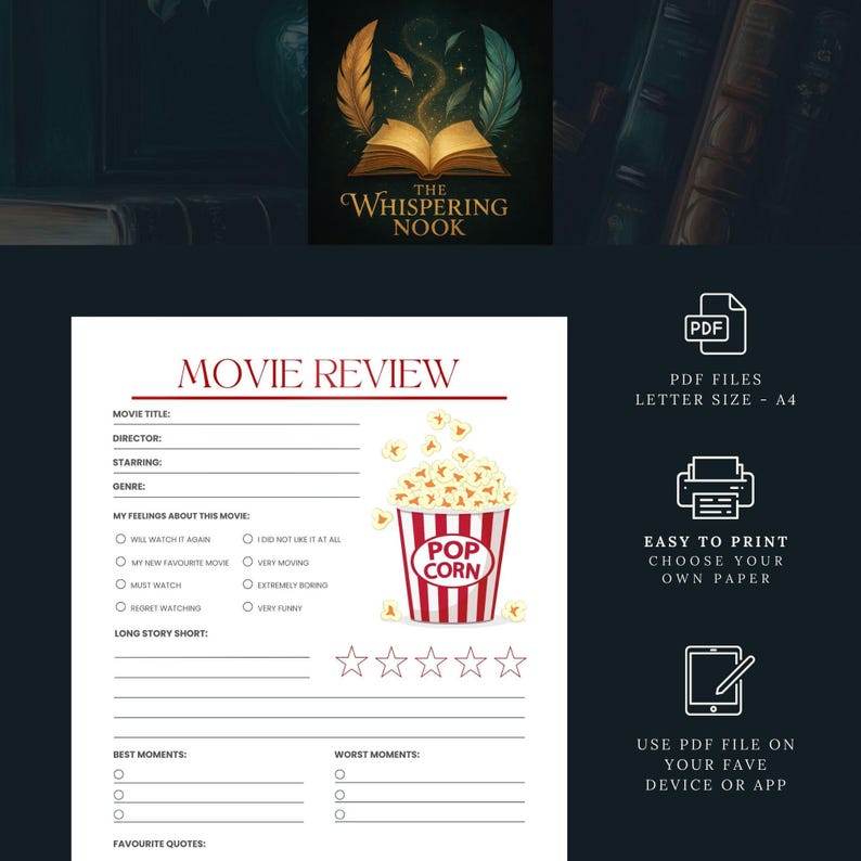 Movie Review Worksheet, Printable PDF, Film Journal Page, Movie Night ...