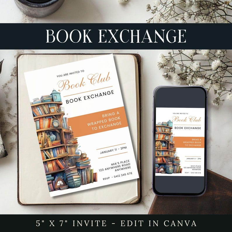 Book Swap Invite Template, CANVA, Holiday Book Exchange, Editable Book ...