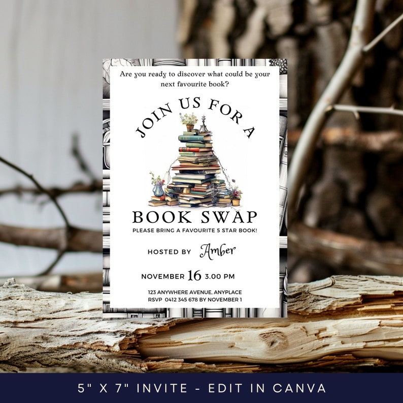 Book Swap Invitation, CANVA TEMPLATE, Book Club Themed Meeting ...