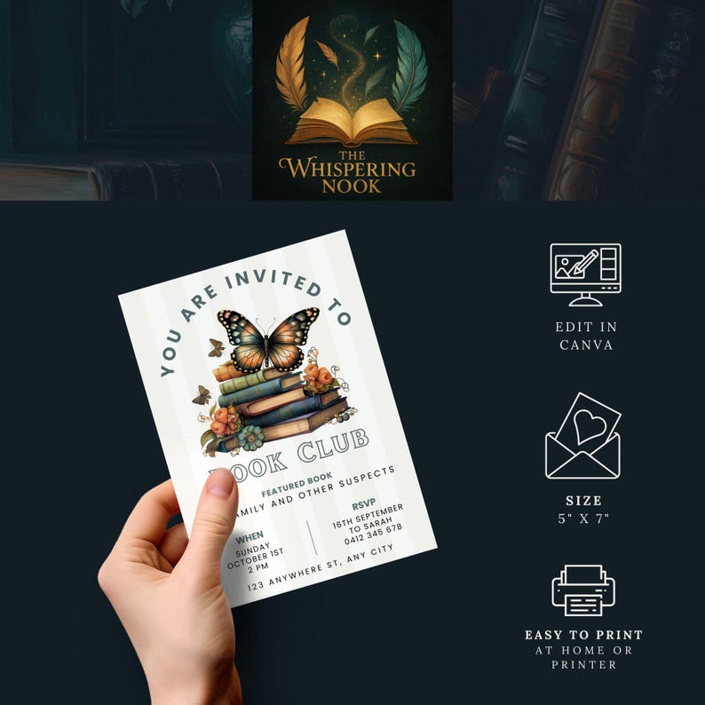 Book Club Invite Template, Bookpile Party Digital Invite, Butterfly ...