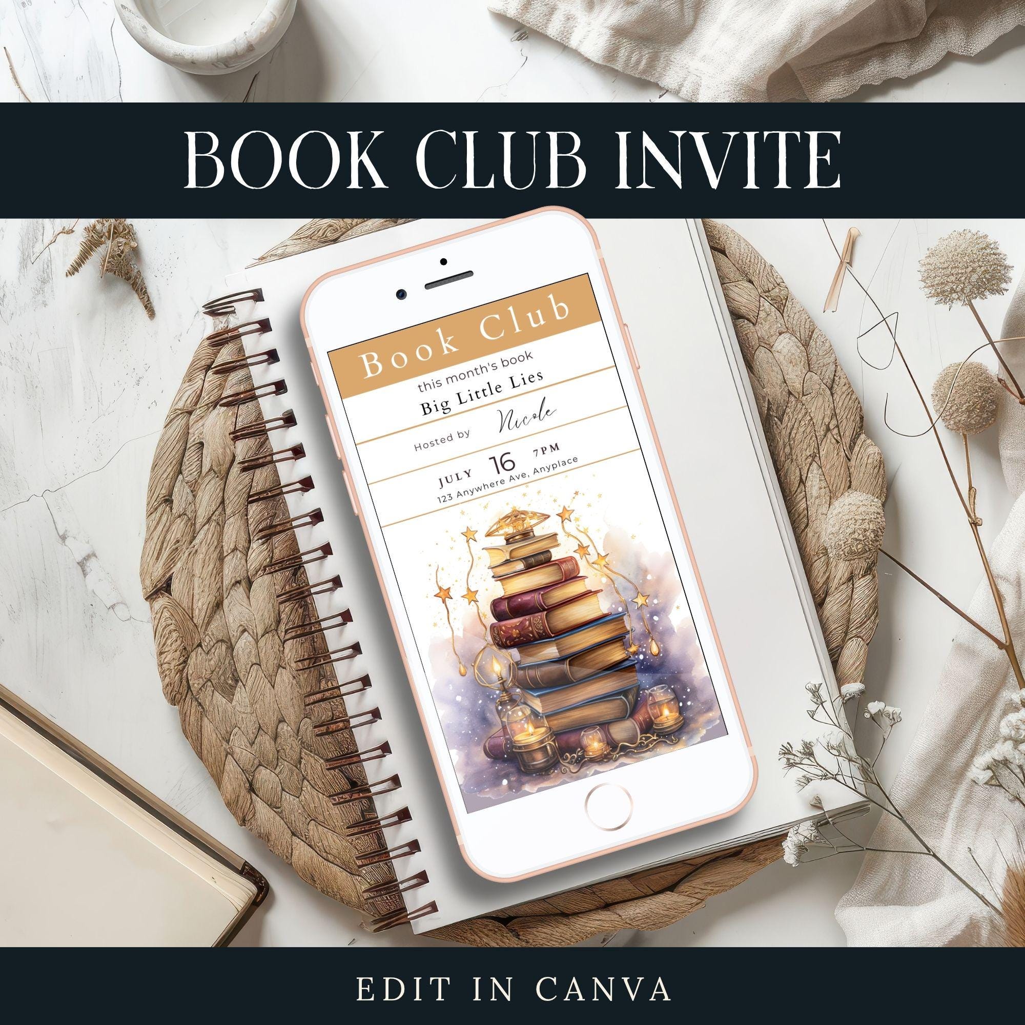 Book Club Digital Invitation Template, CANVA, Editable Invite for Text ...