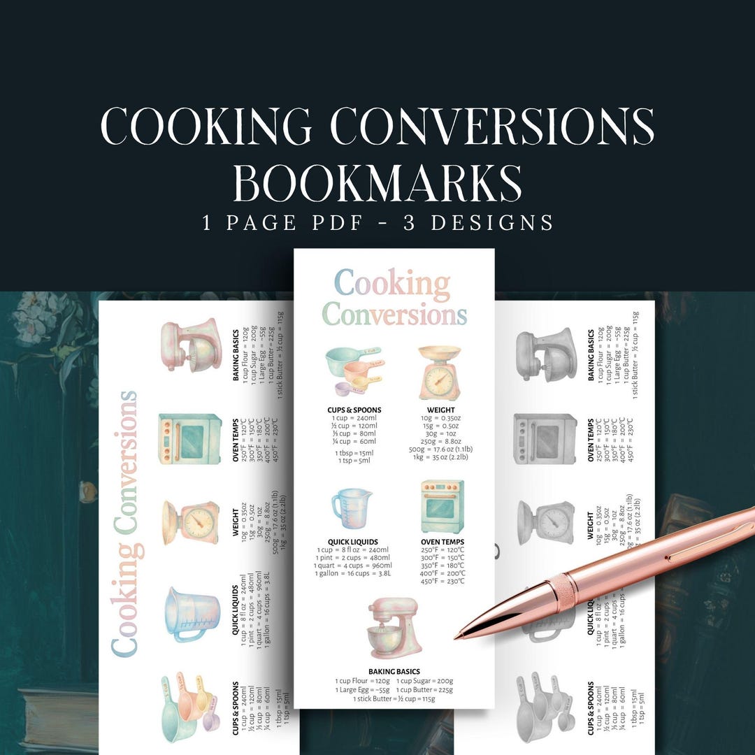 Kitchen Conversion Bookmarks, Printable Cooking Reference, Baking ...