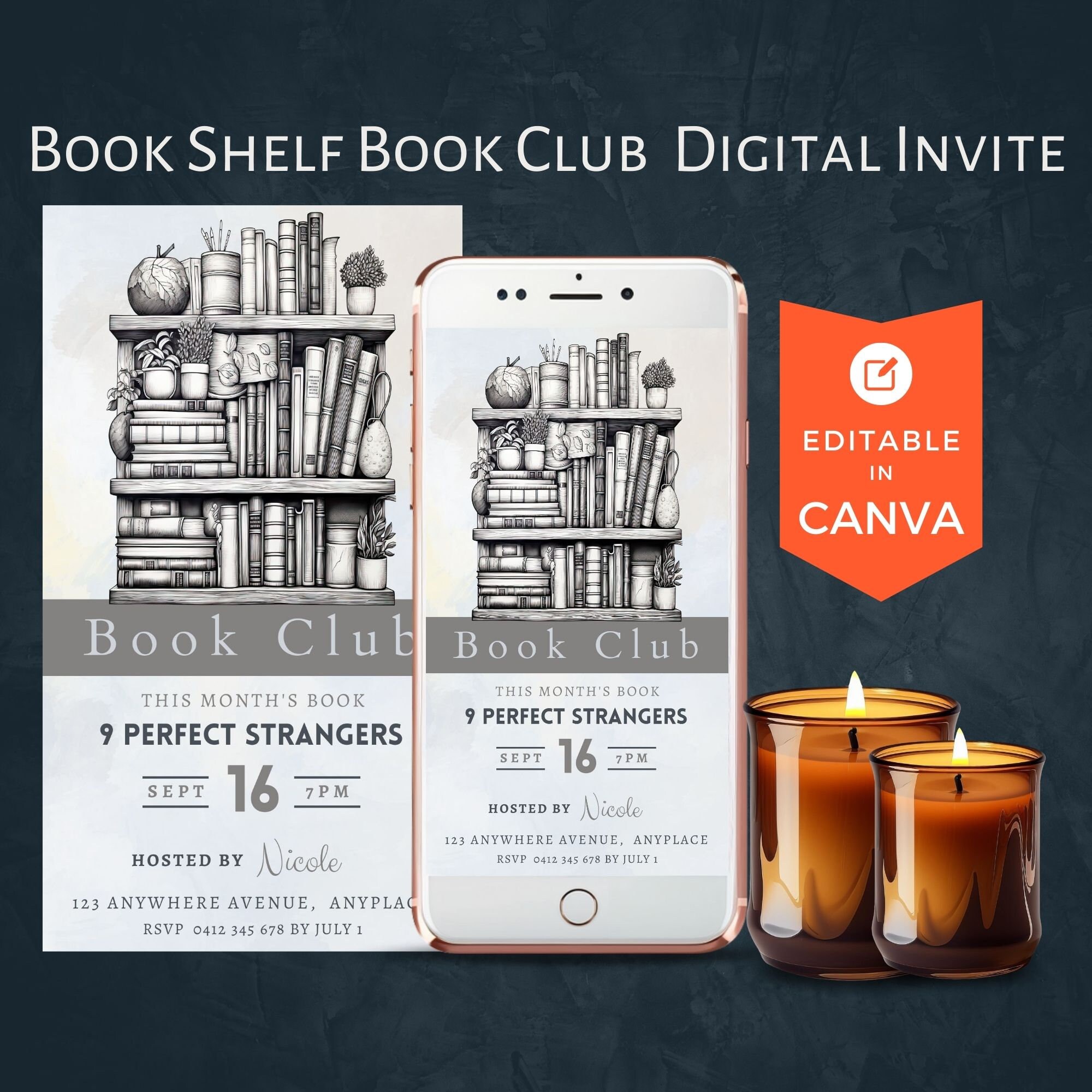 Book Club Digital Invitation Template, CANVA, Editable Invite for Text ...