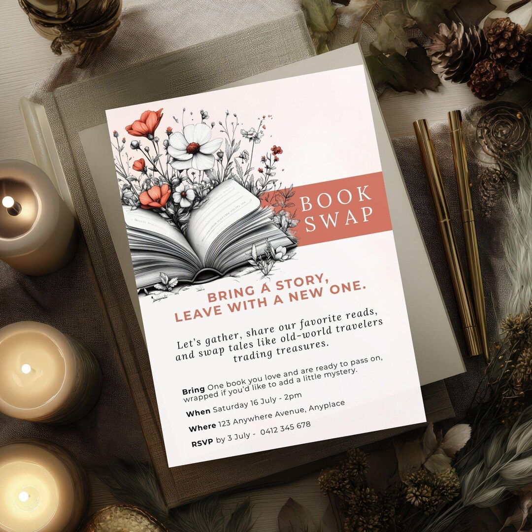 Book Swap Invite Template, CANVA, Girls Night Book Exchange, Editable ...