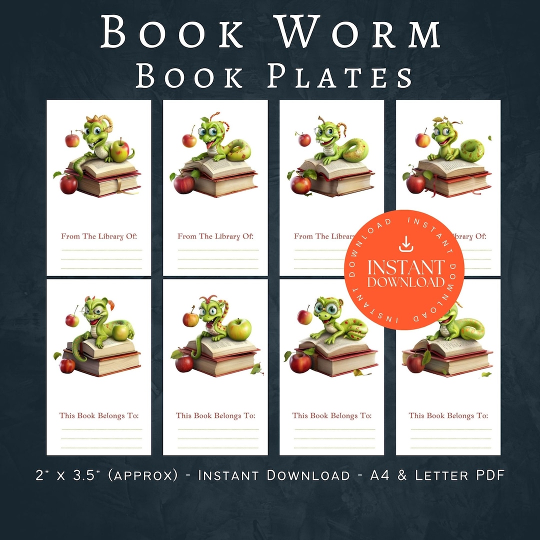 Book Worm Bookplates, INSTANT DOWNLOAD PDF, Printable Bookplates ...