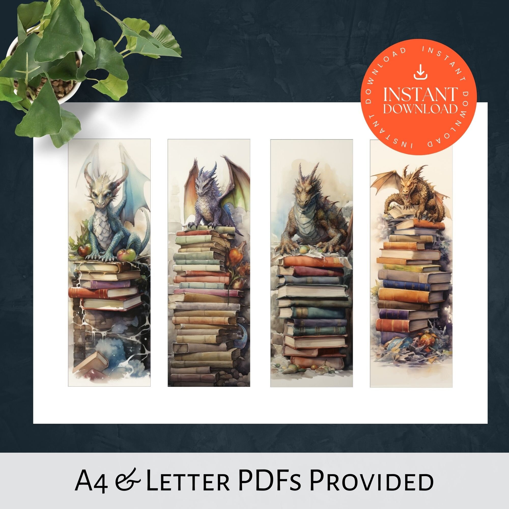 Dragon Book Pile Bookmarks, INSTANT DOWNLOAD, Book Lovers Gift, Reading ...