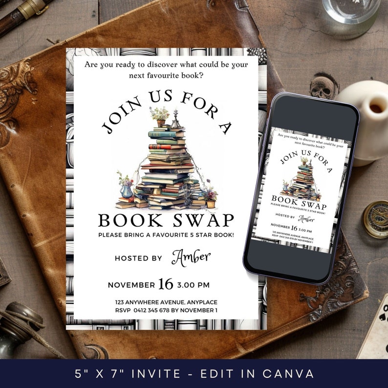Book Swap Invitation, CANVA TEMPLATE, Book Club Themed Meeting ...