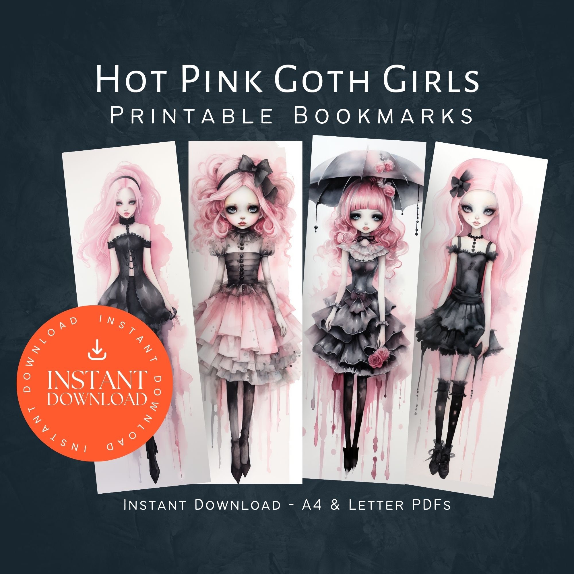 Hot Pink Gothic Girls Bookmark INSTANT DOWNLOAD Halloween - Etsy