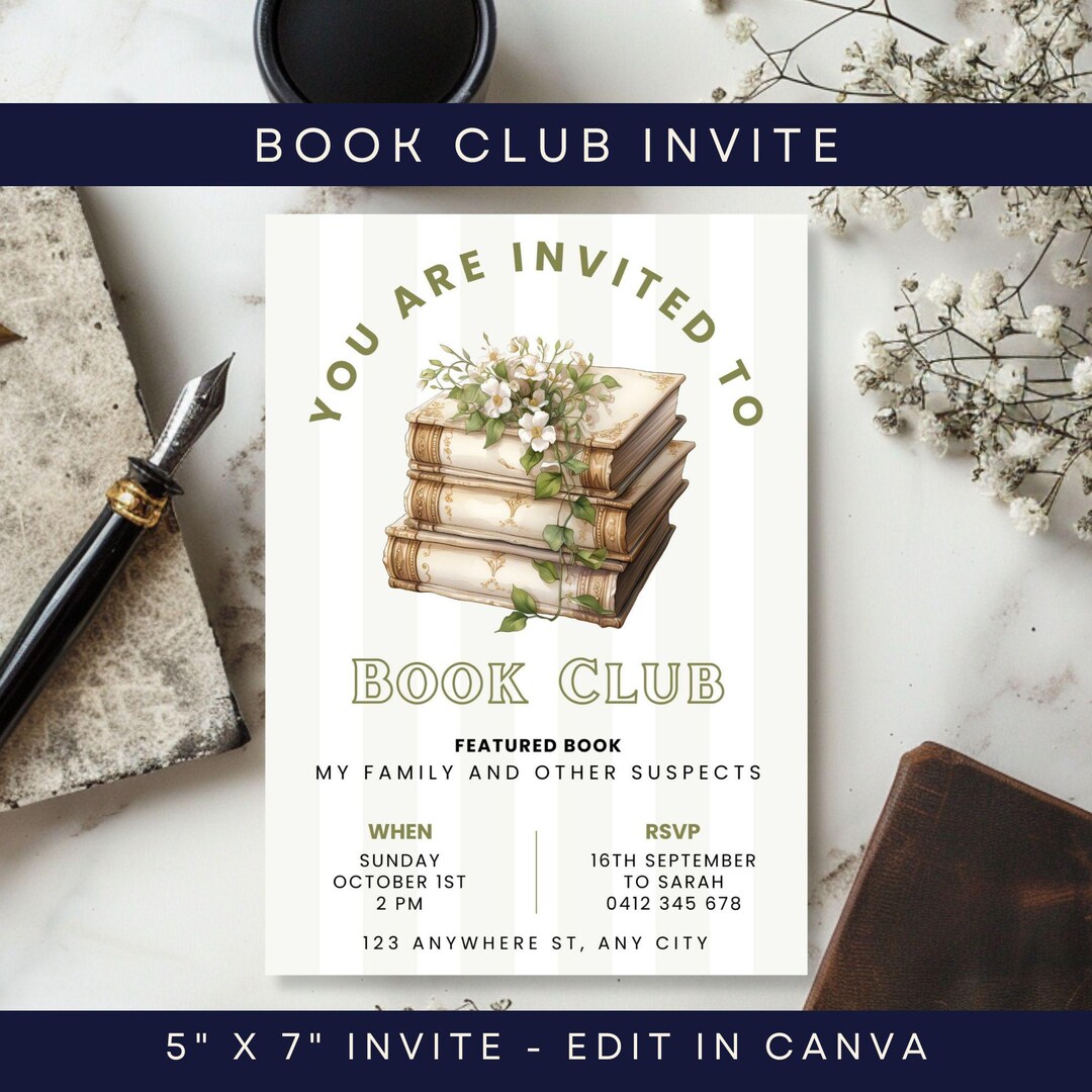 Book Club Invite Template, White Floral Books Party Digital Invite ...
