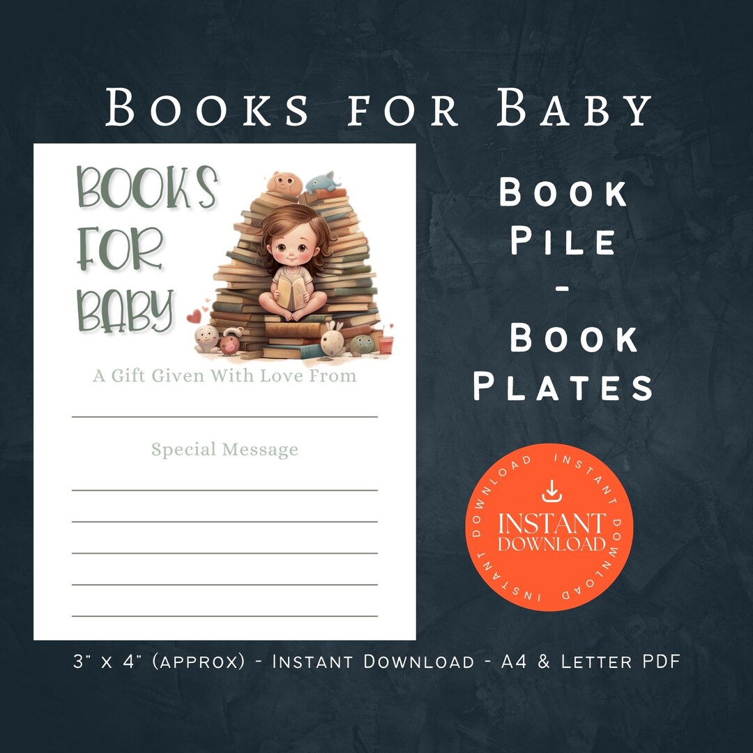 Book Pile Baby Bookplate, INSTANT DOWNLOAD, Books Baby Shower, Library ...