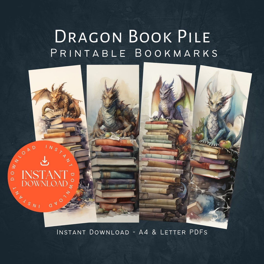 Dragon Book Pile Bookmarks, INSTANT DOWNLOAD, Book Lovers Gift, Reading ...