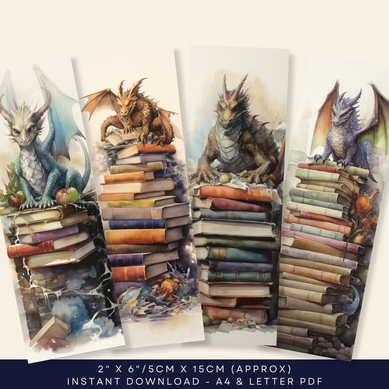 Dragon Book Pile Bookmarks, INSTANT DOWNLOAD, Book Lovers Gift, Reading ...