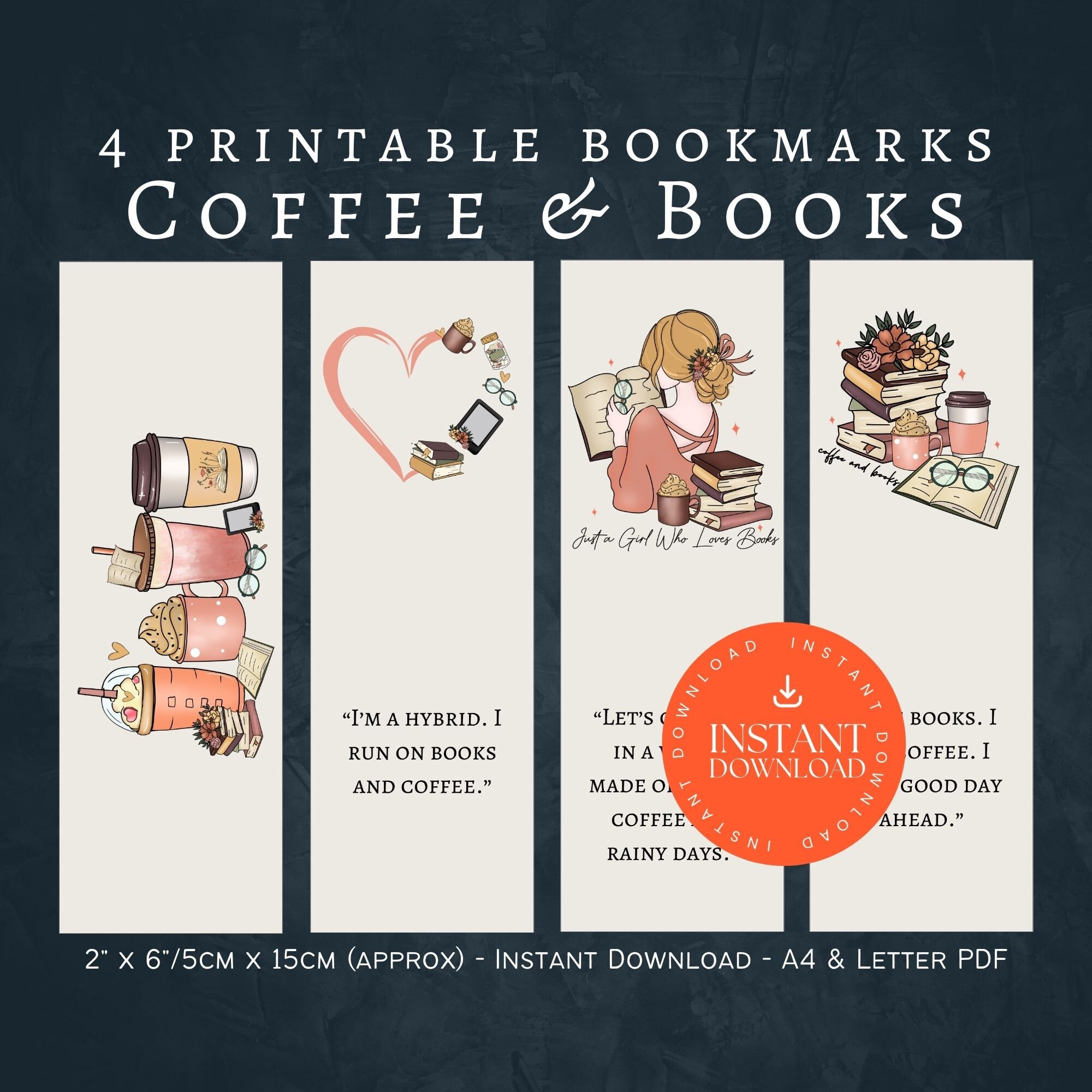 Coffee & Books Bookmarks, INSTANT DOWNLOAD, Printable Bookmarks, Book ...