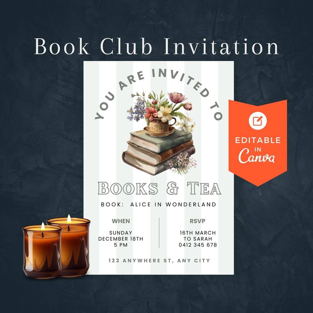 Book and Tea Invitation CANVA TEMPLATE Book Club Printable - Etsy