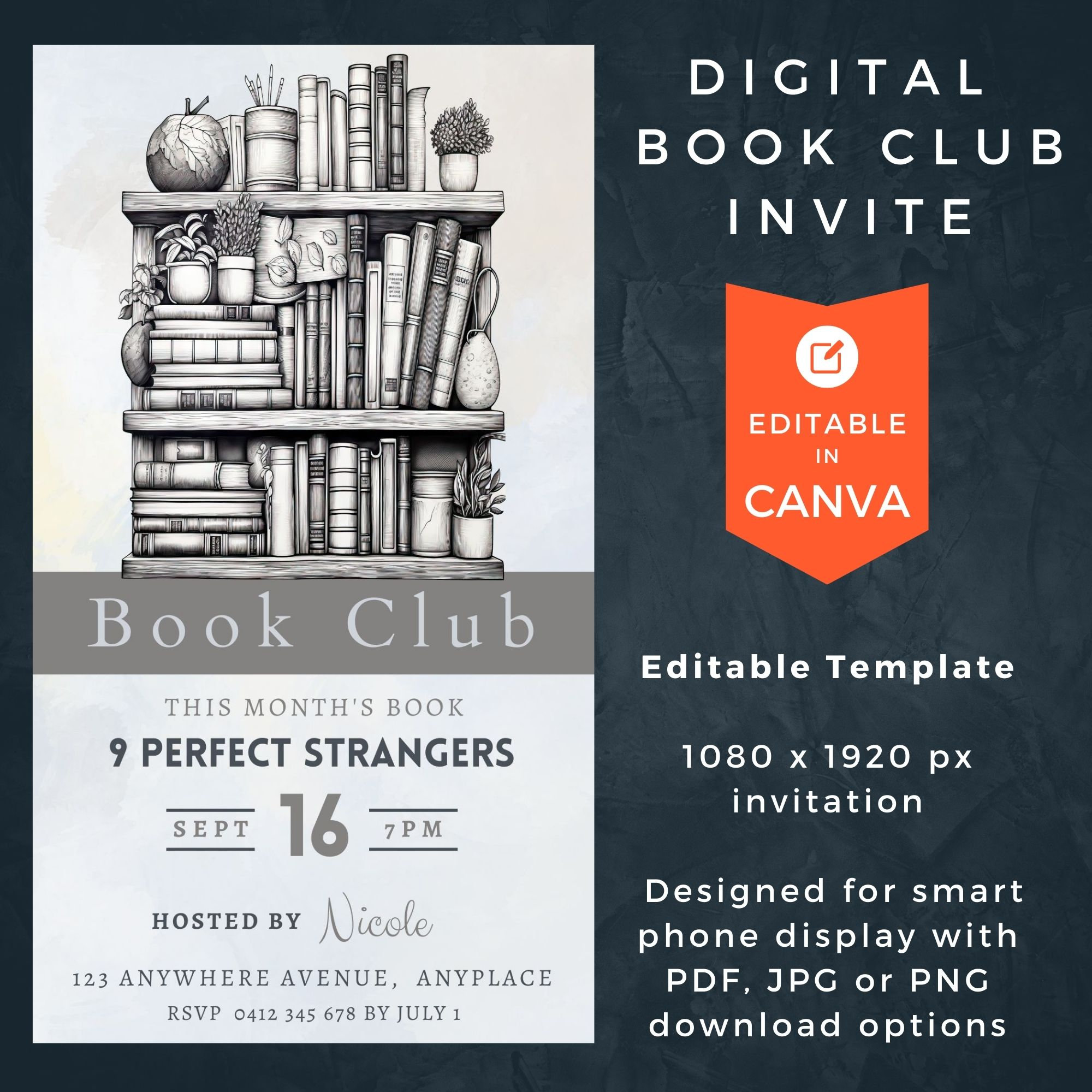 Book Club Digital Invitation Template, CANVA, Editable Invite for Text ...