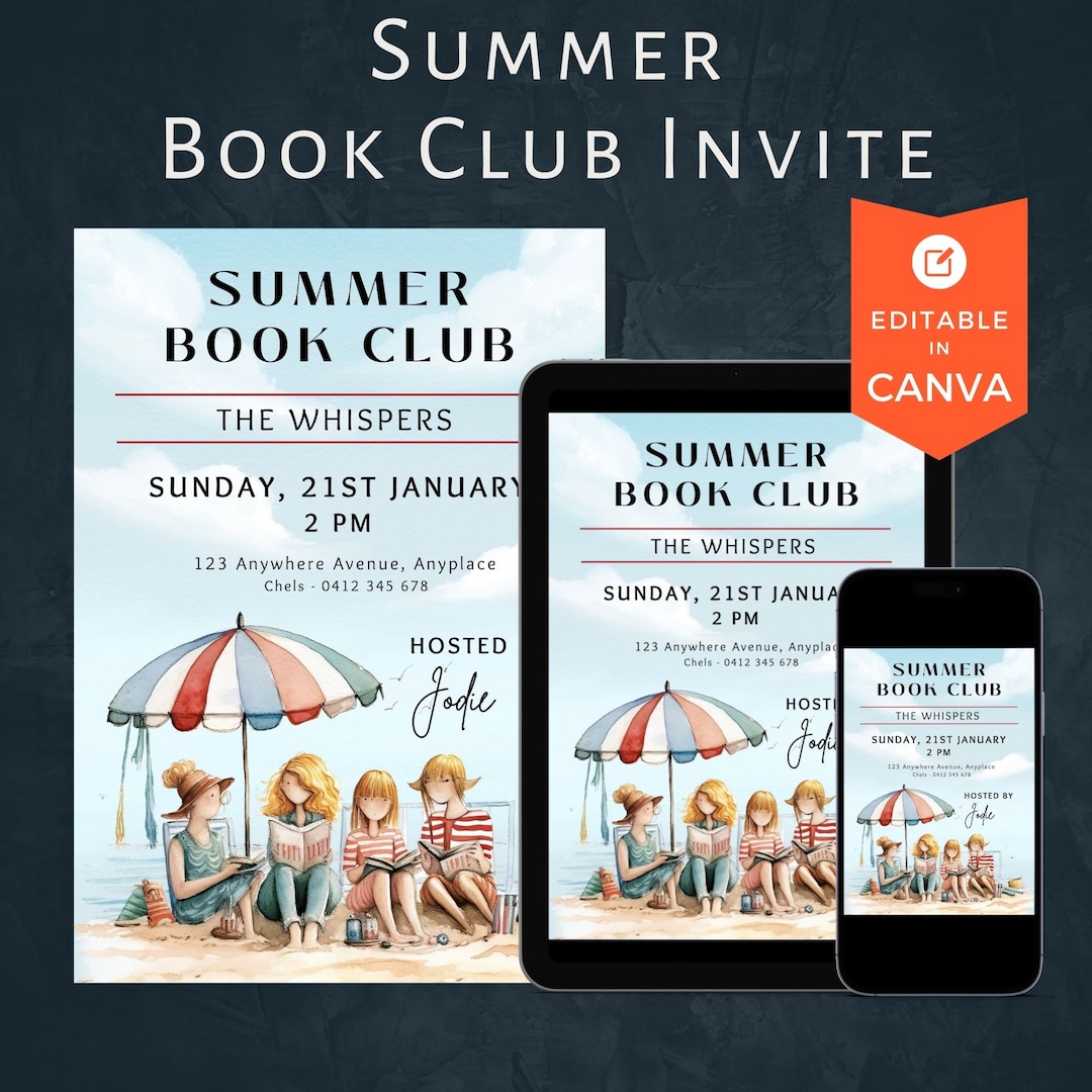 Summer Party Book Club Invitation CANVA TEMPLATE Editable - Etsy