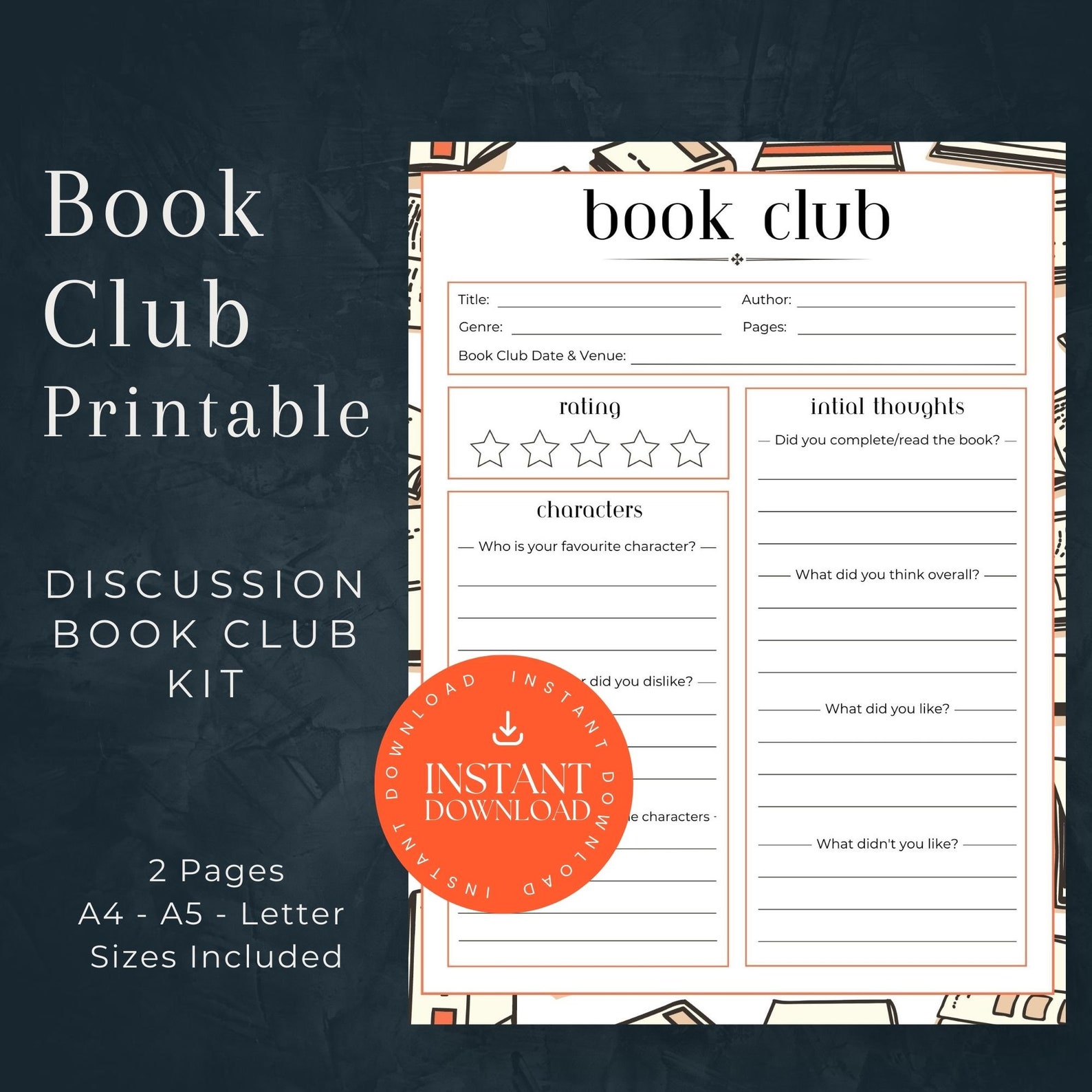 Book Club Printable Book Club Discussions DOWNLOAD - Etsy