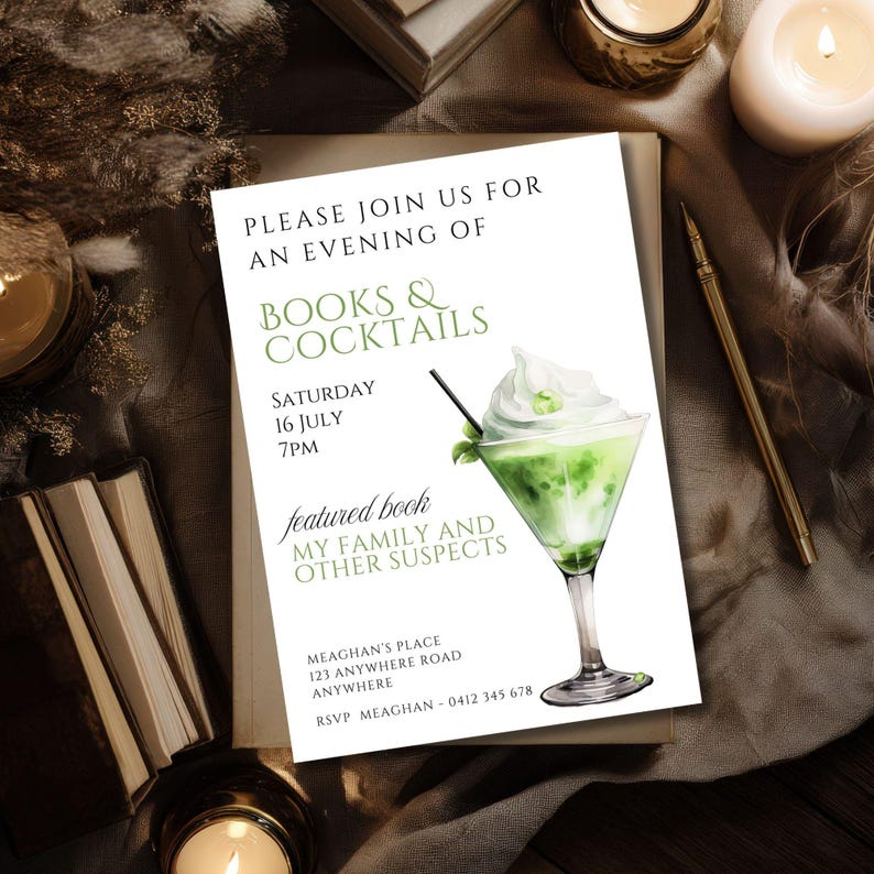 Book Club Invite Template, Books & Cocktails Party Digital Invite ...