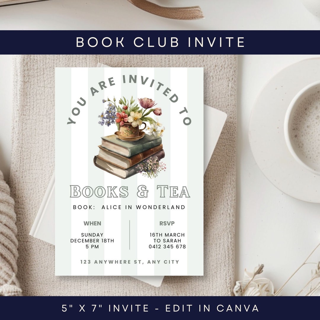 Book and Tea Invitation, CANVA TEMPLATE, Book Club Printable, Editable ...