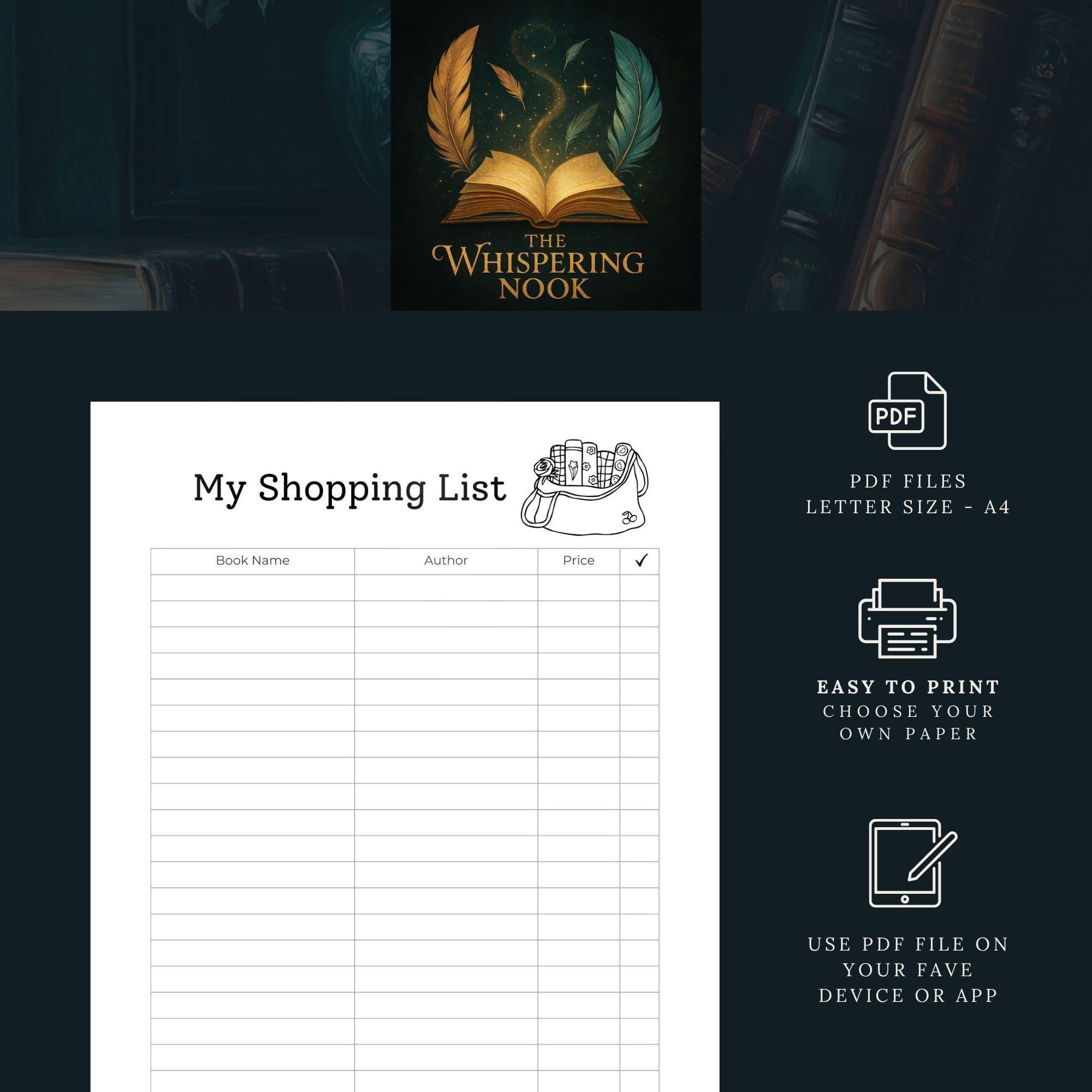 Book Shopping List Printable, INSTANT DOWNLOAD, Book Club Kit Journal ...