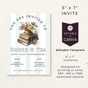 Book and Tea Invitation, CANVA TEMPLATE, Book Club Printable, Editable ...