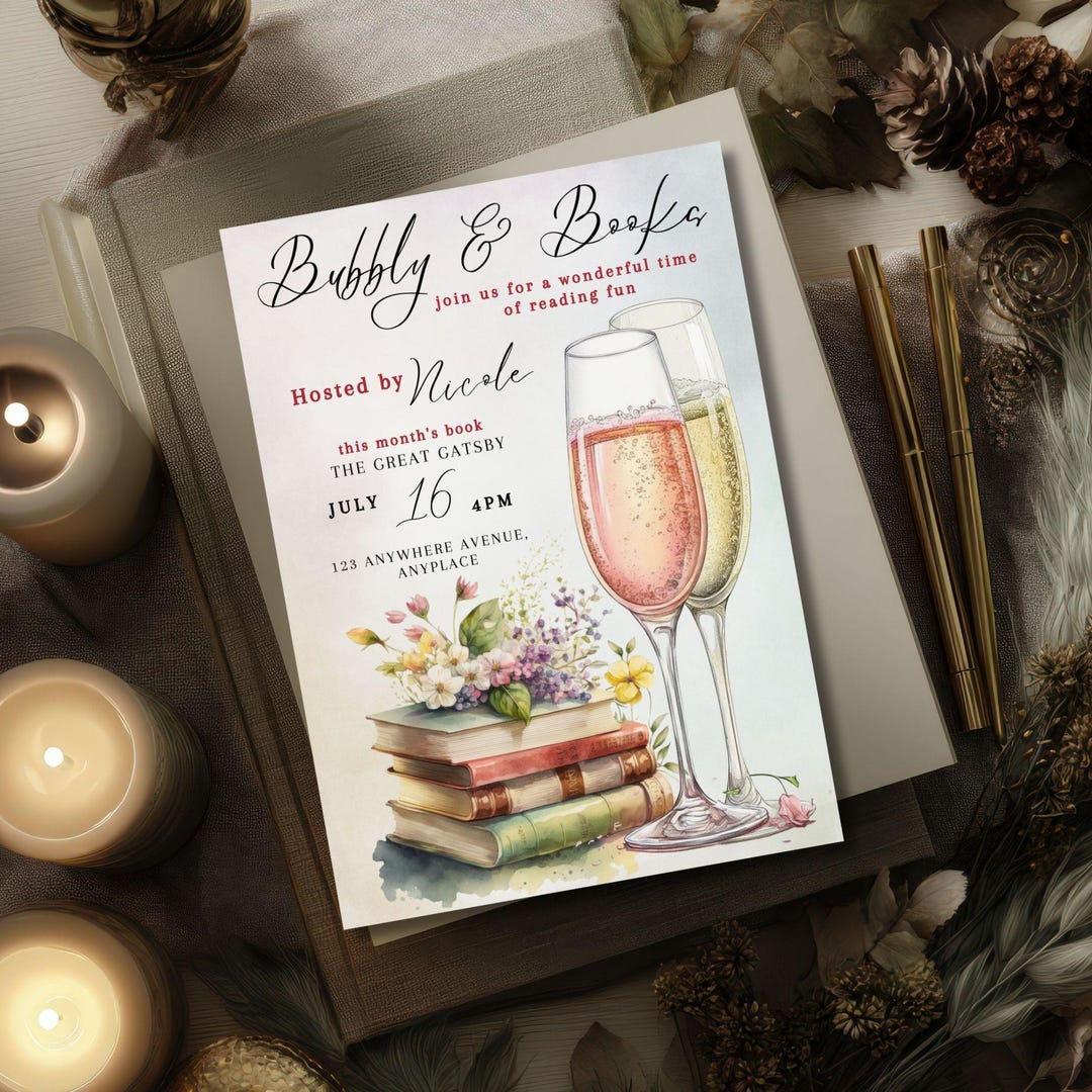 Bubbly and Books Invitation, CANVA TEMPLATE, Editable Invite, Digital ...