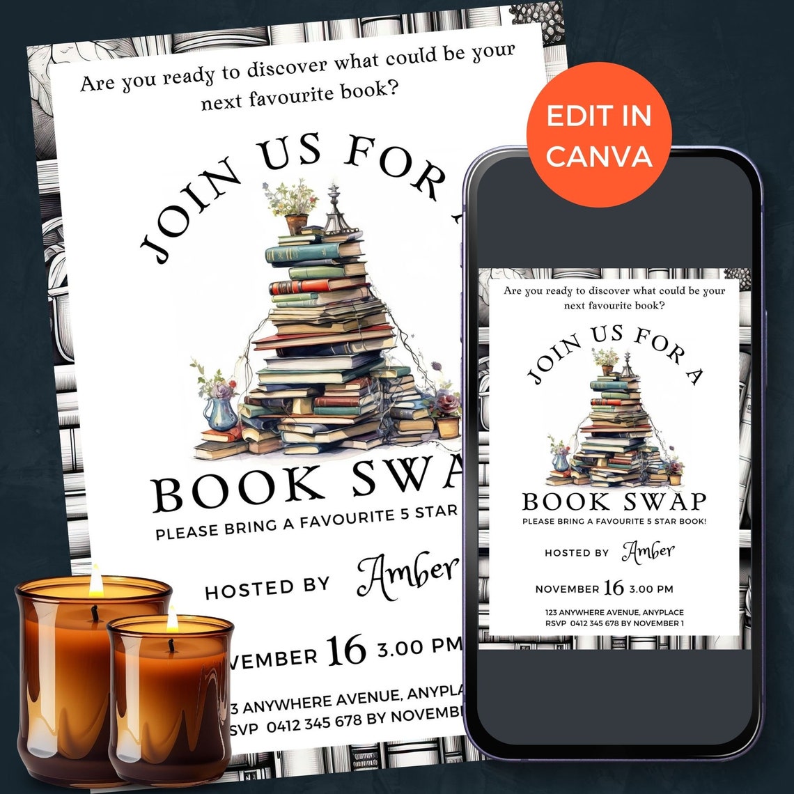 Book Swap Invitation, CANVA TEMPLATE, Book Club Themed Meeting ...