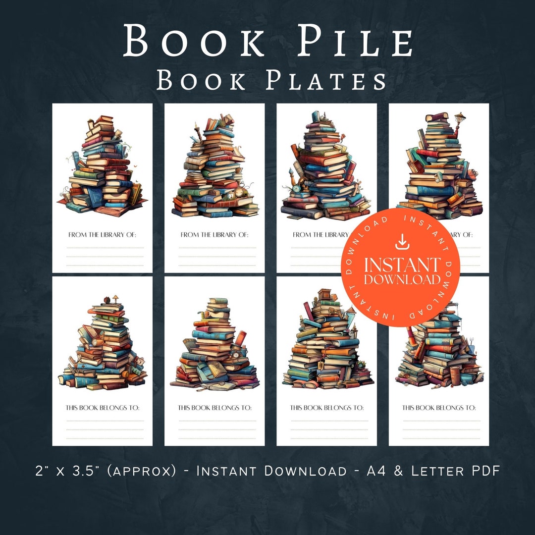 Book Pile Bookplates, INSTANT DOWNLOAD, Printable Bookish Stationery ...