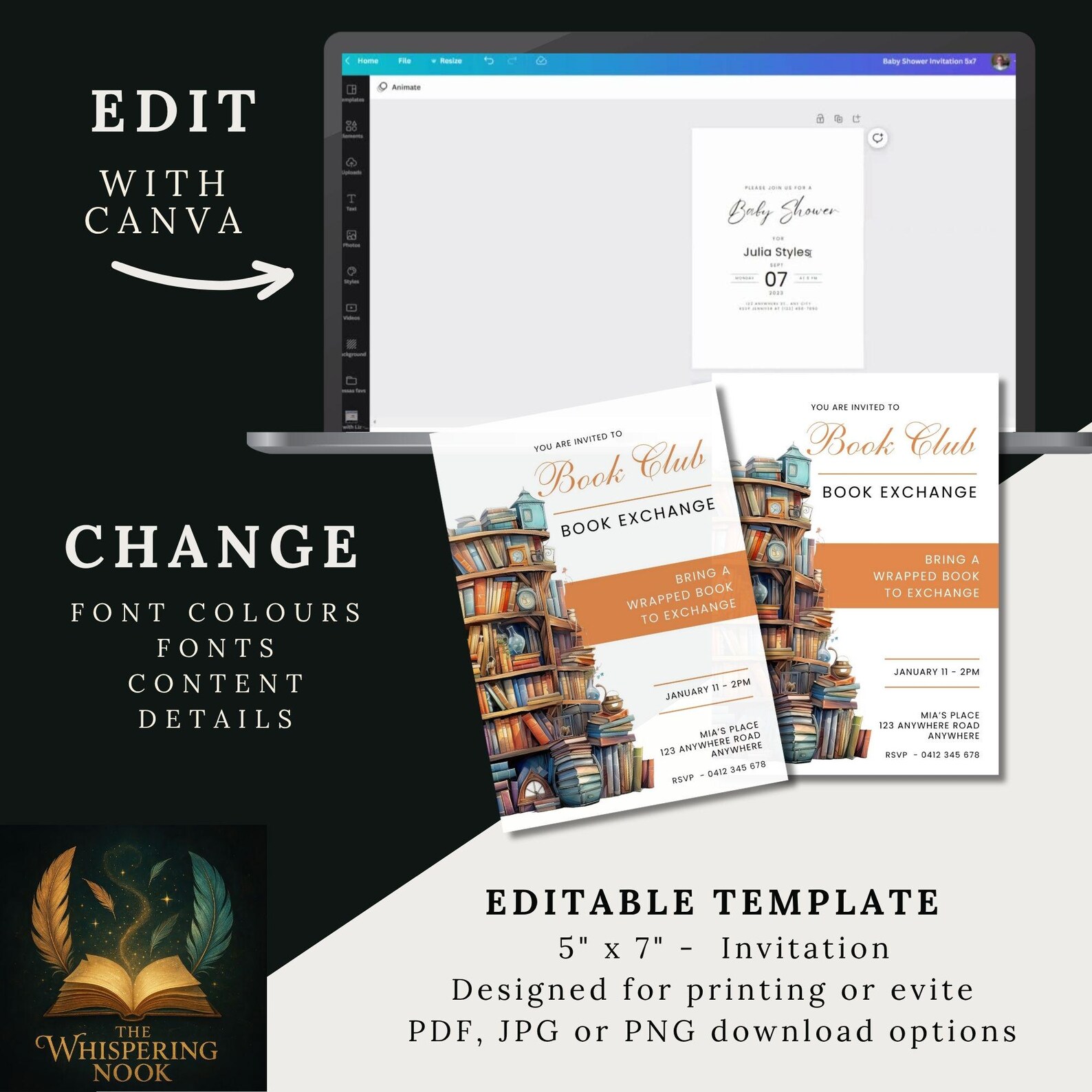 Book Swap Invite Template, CANVA, Holiday Book Exchange, Editable Book ...