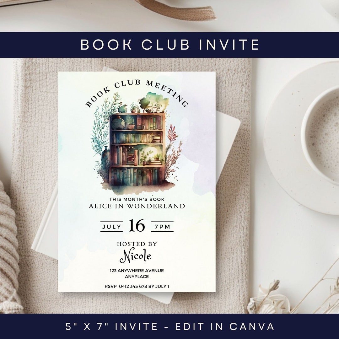 Book Club Meeting Invitation, CANVA TEMPLATE, Bookshelf Printable ...