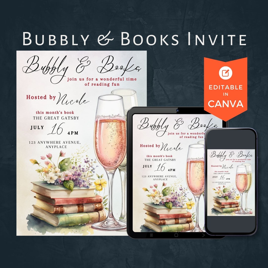 Bubbly and Books Invitation, CANVA TEMPLATE, Editable Invite, Digital ...